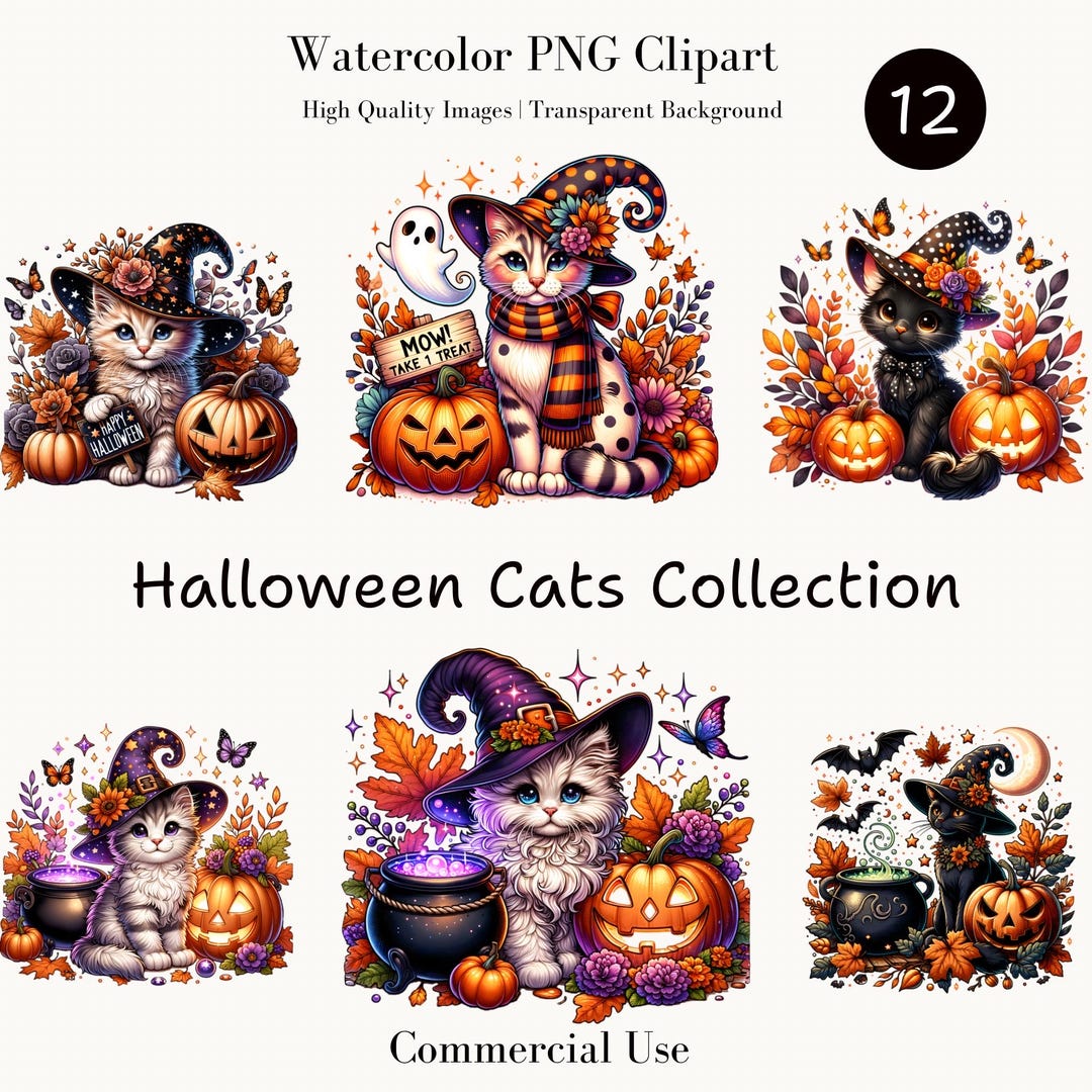 Watercolor Halloween Cats Collection Clipart, 12 PNG Halloween Clipart ...