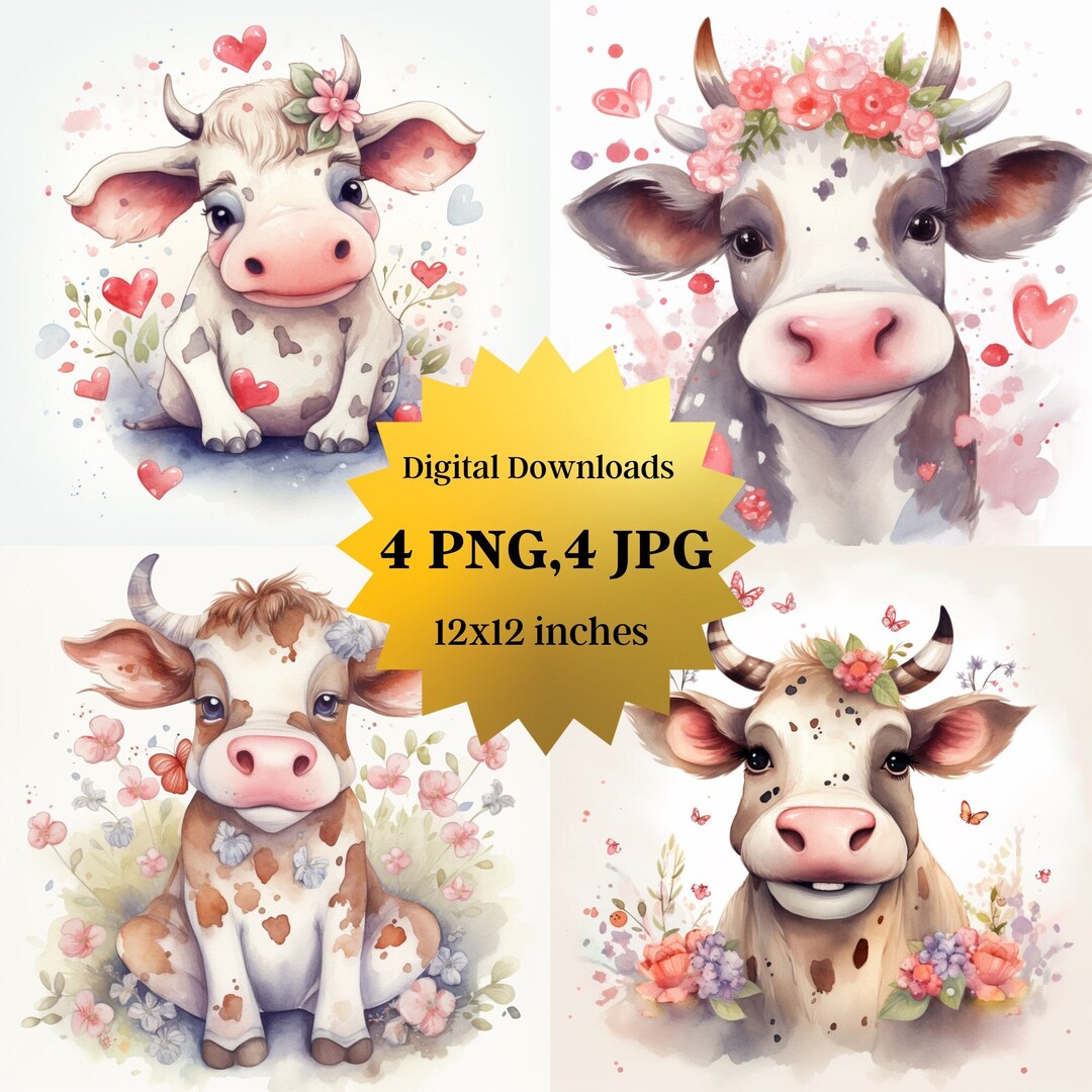 Cute Cow Clipart,4 High Quality JPG & Png-nursery Art,instant Digital ...