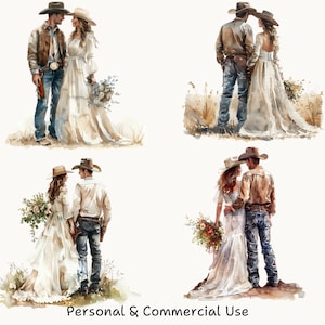 Western Bride and Groom Clipart, Texas Wedding Watercolor, Rustic ...