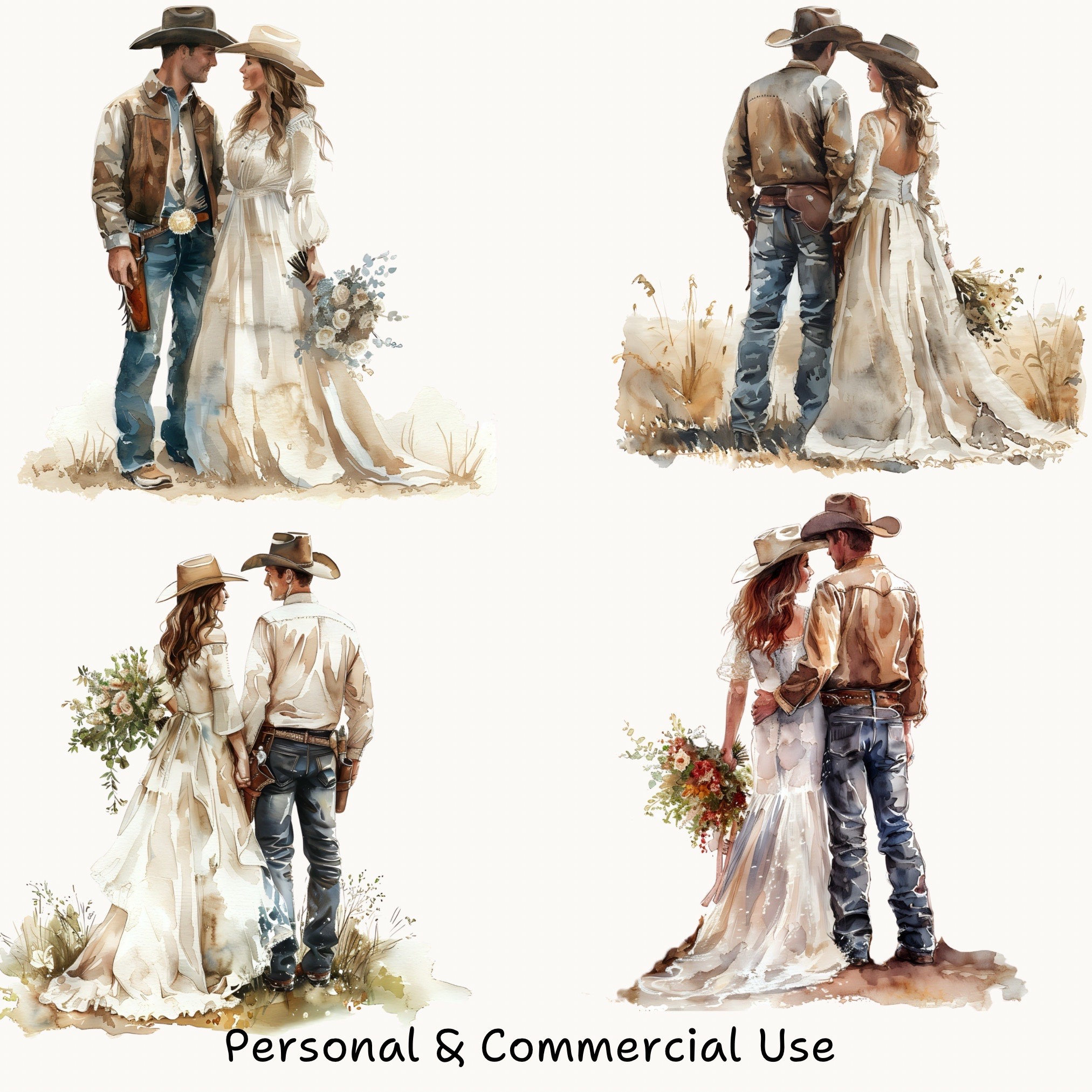 Western Bride and Groom Clipart, Texas Wedding Watercolor, Rustic ...