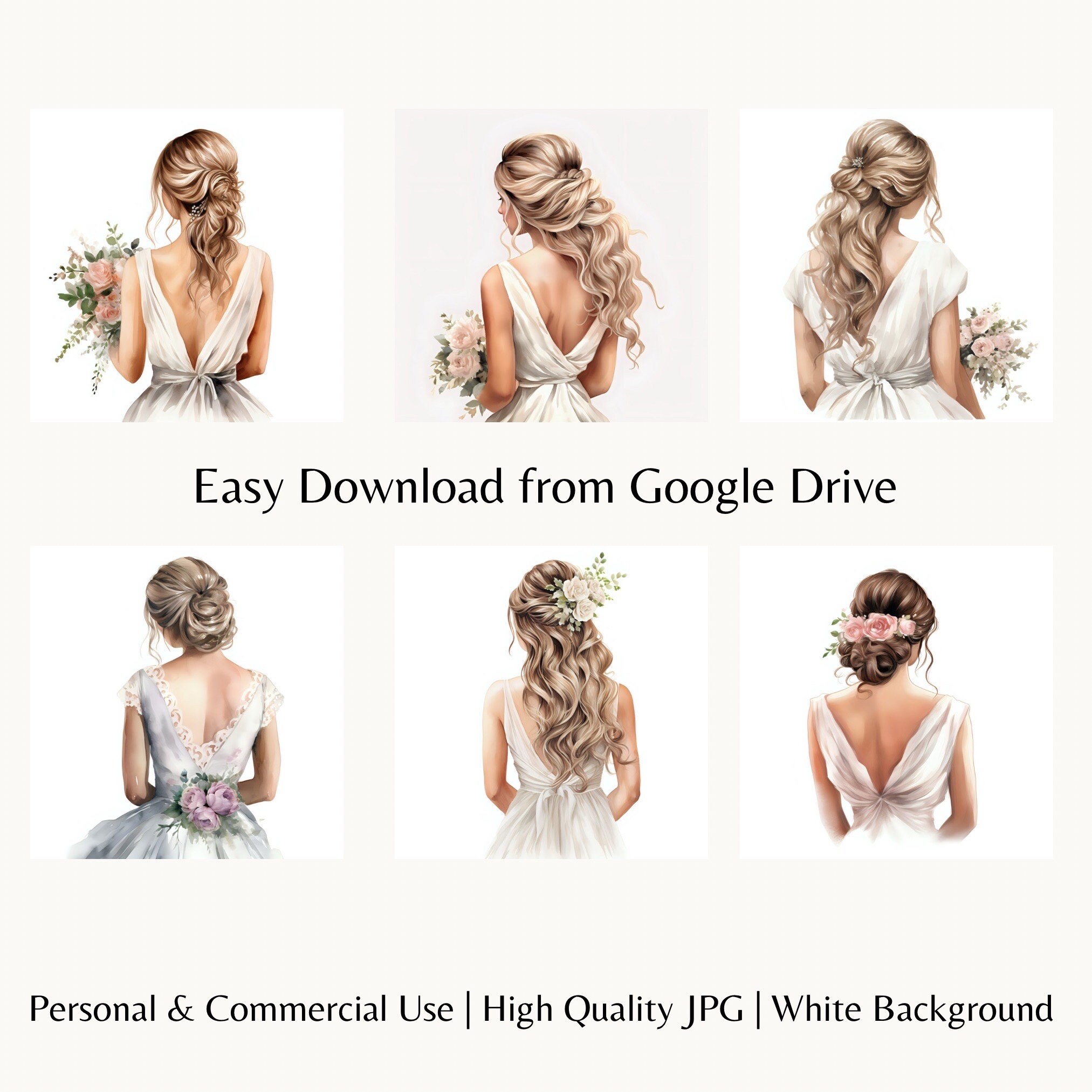 20 Watercolor Back View Bride Hair Clipart, JPG Images for Digital ...
