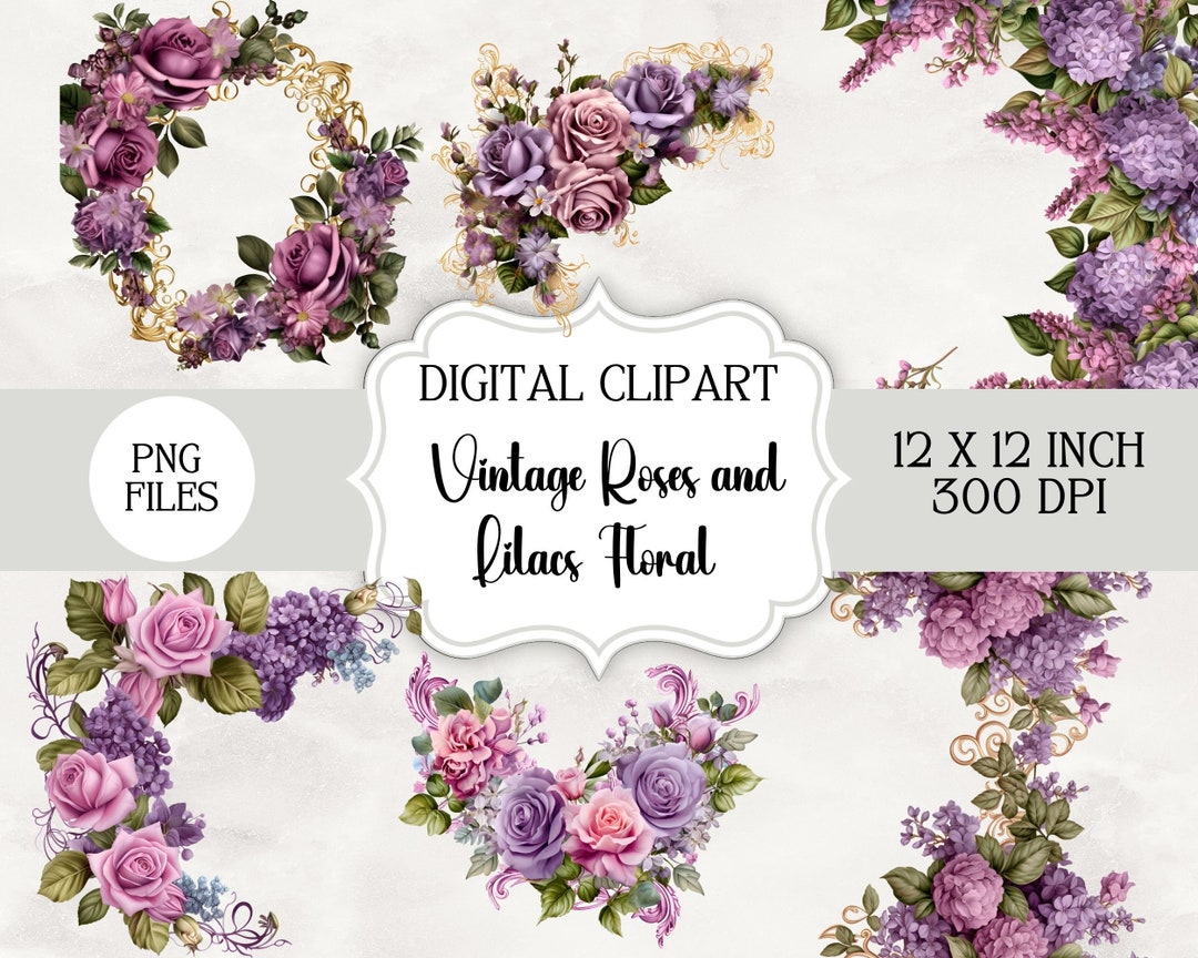 Roses and Lilacs Floral Border Versatile Digital Clipart Graphics High ...