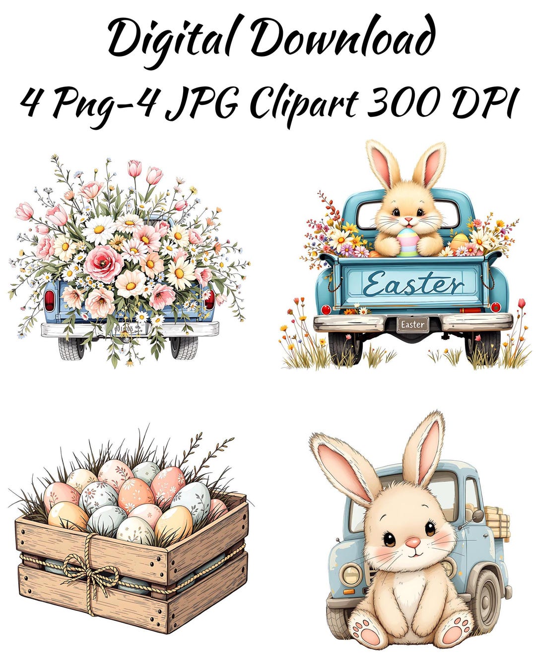 Bunny in a Blue Pickup Truck With Easter Eggs - Vintage Spring 4 Png ...