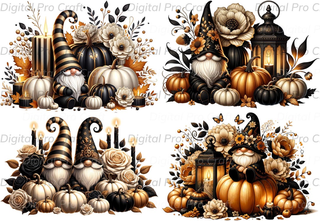 Black and Gold Gnome and Pumpkin Clipart Bundle, Fall Scrapbooking ...