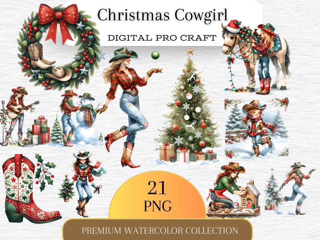 Western Christmas Cowgirl Clipart 21 Pngs , Watercolor Xmas Bundle ...