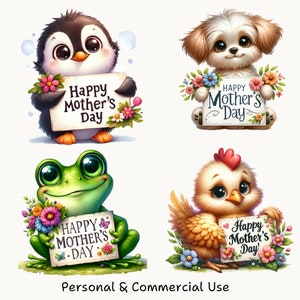 Mother's Day Watercolor PNG Clipart Boundle Set, Cute Animal With Sign ...