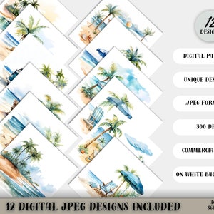 12 Beach Scenes, Watercolor Beach Clipart, Digital Beach Art ...