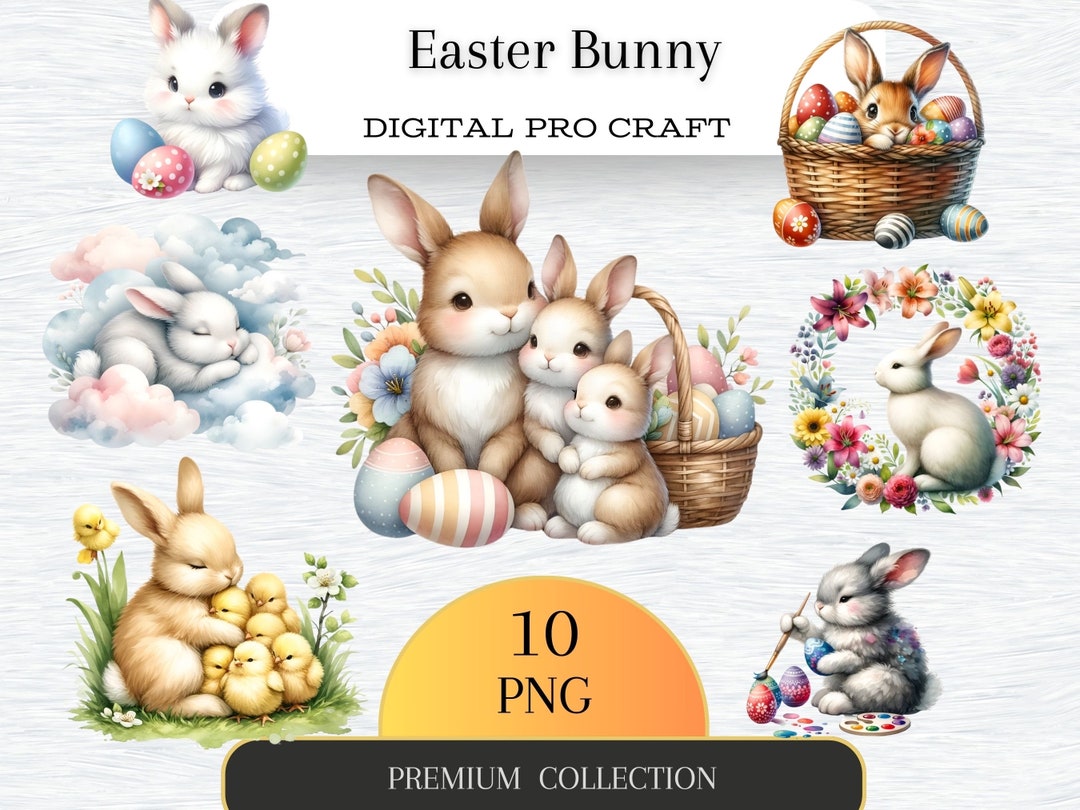 Easter Bunny Clipart, Digital Basket With Eggs PNG, Cute Rabbit ...