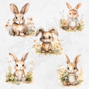 Cottagecore Cute Bunny Clipart Bundle, Watercolor Rabbit Illustration ...