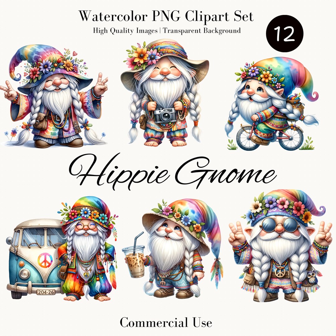 Hippie Gnome Clipart Set, Watercolor PNG, Transparent Background ...