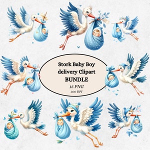 Stork Baby Boy Delivery Clipart Bundle, Newborn Announcement Graphics ...