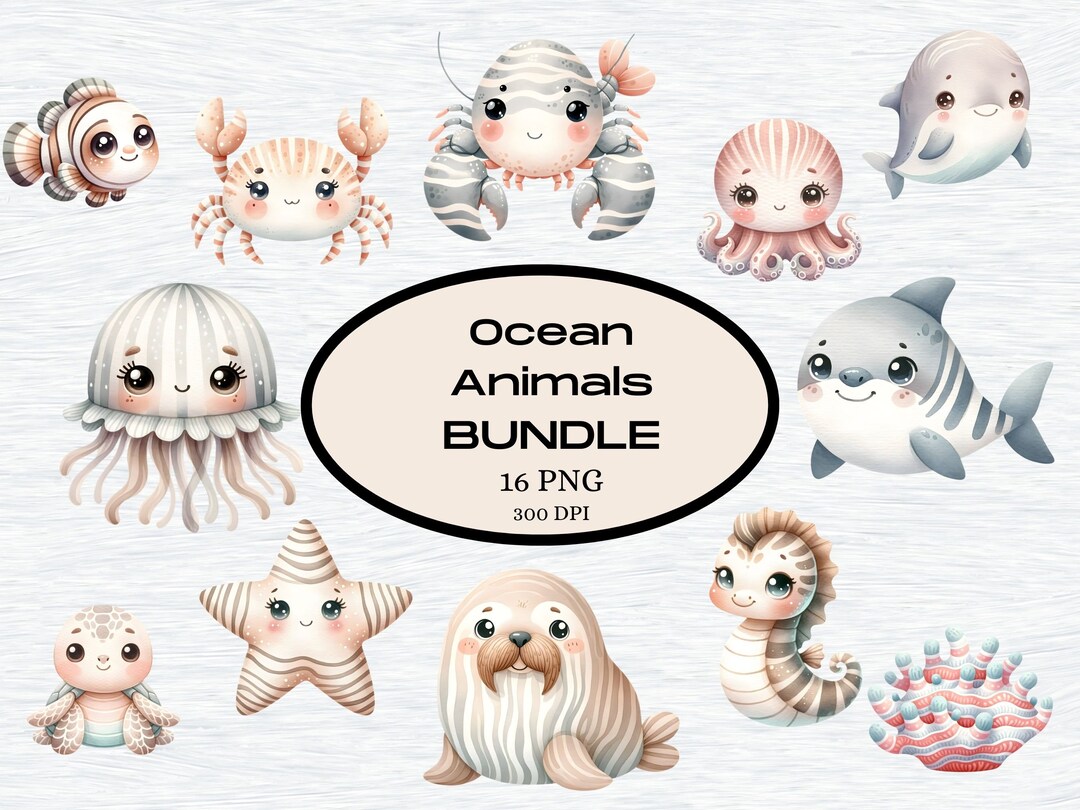 Watercolor Underwater Creature's Clipart Bundle, Cute Ocean Animals PNG ...