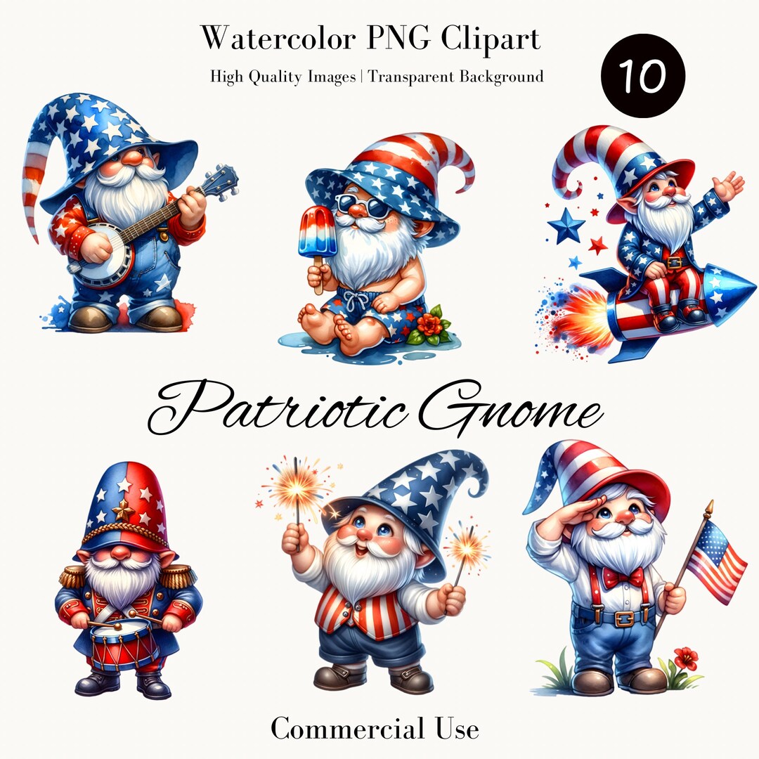Patriotic Gnome Clipart Bundle, Independence Day Digital Art, 4th of ...
