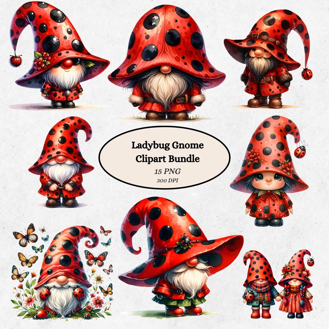 Ladybug Gnome Clipart Bundle, Cute Garden Gnomes, Digital Download, PNG ...