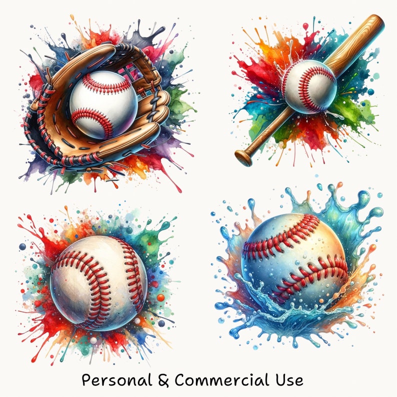 Watercolor Baseball Clipart, Digital Splash Sports Art, Commercial Use ...