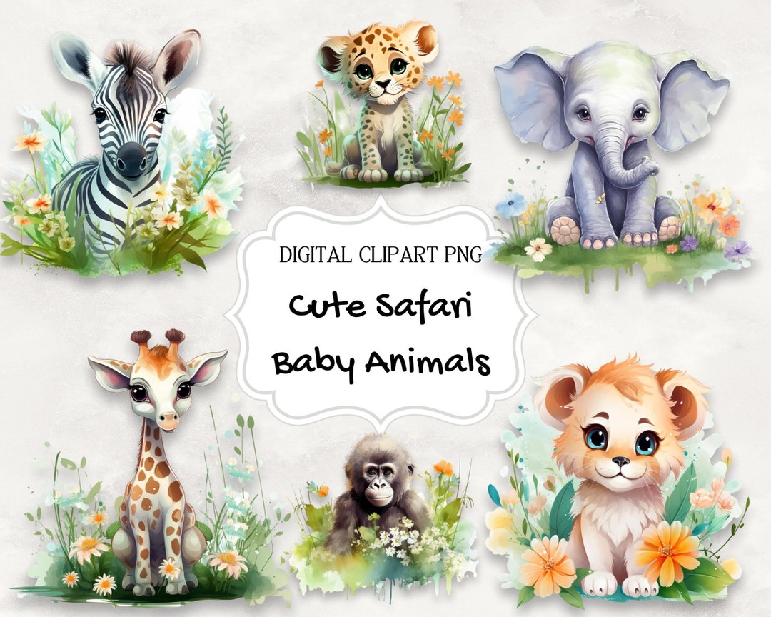 12 Safari Baby Animals Watercolor Clipart, PNG ,digital Crafting, Paper ...