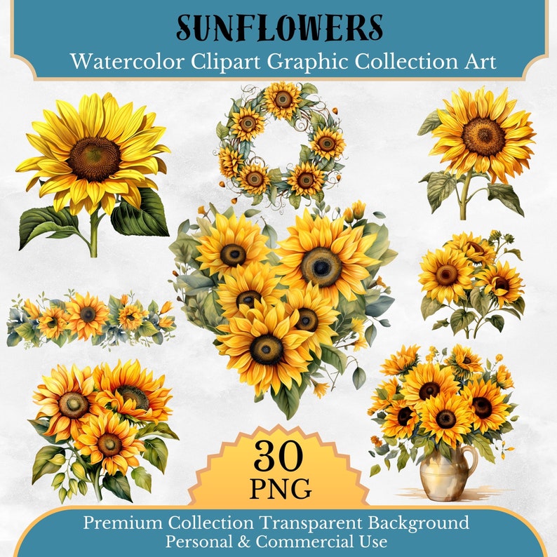 Set of 30 Sunflowers Clipart Bundle Watercolor Sunflower - Etsy