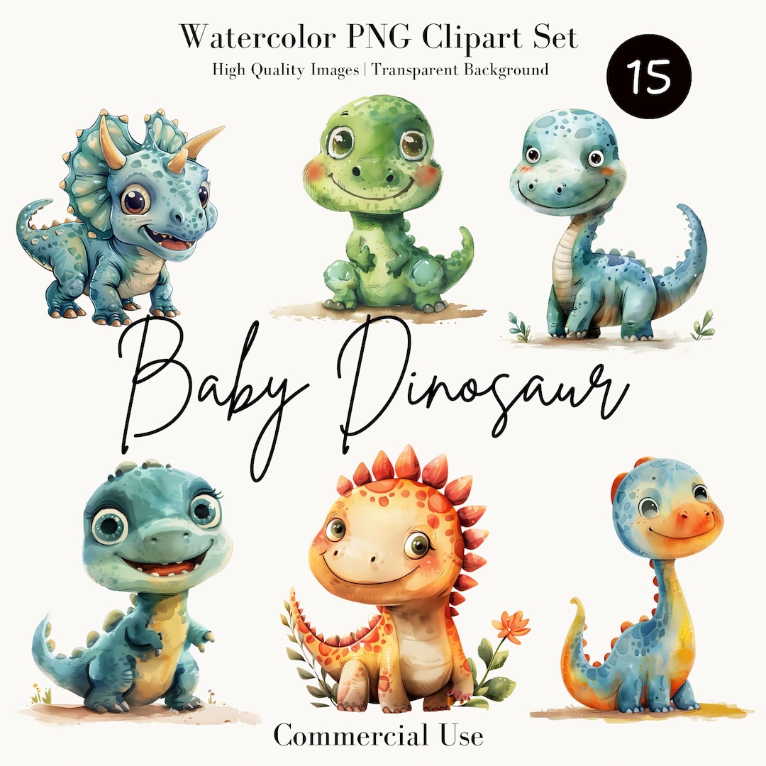 Baby Dinosaur Watercolor PNG Clipart Set, Cute Dinosaur Digital ...