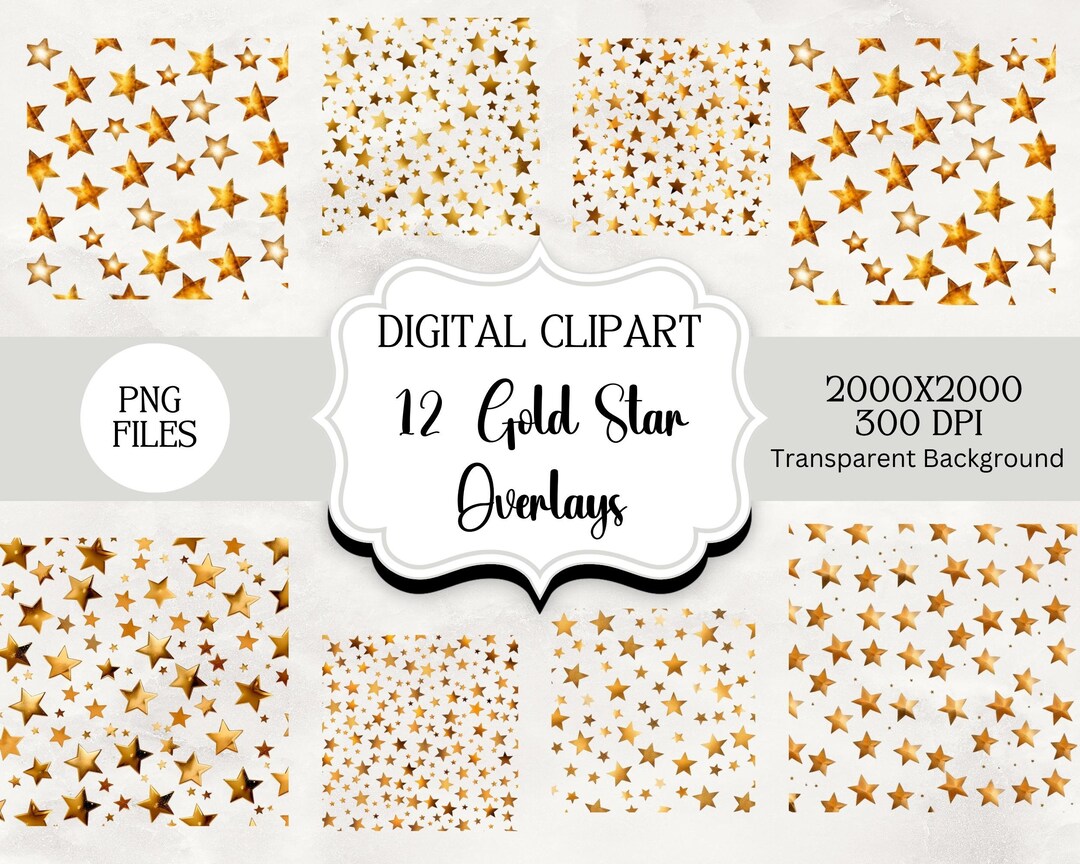 Set of 12 Golden Star Overlays - Starry Night Gold Star Patterns, PNG ...