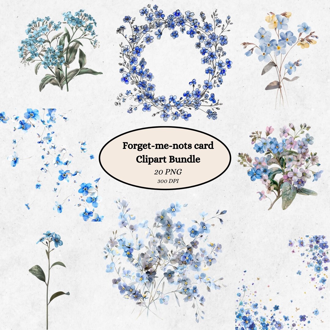 Digital Forget-me-nots Flower Clipart Bundle, Blue Floral PNG ...
