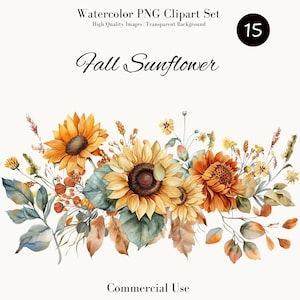Watercolor Fall Sunflower Clipart Set, Autumn Floral PNG, Commercial ...