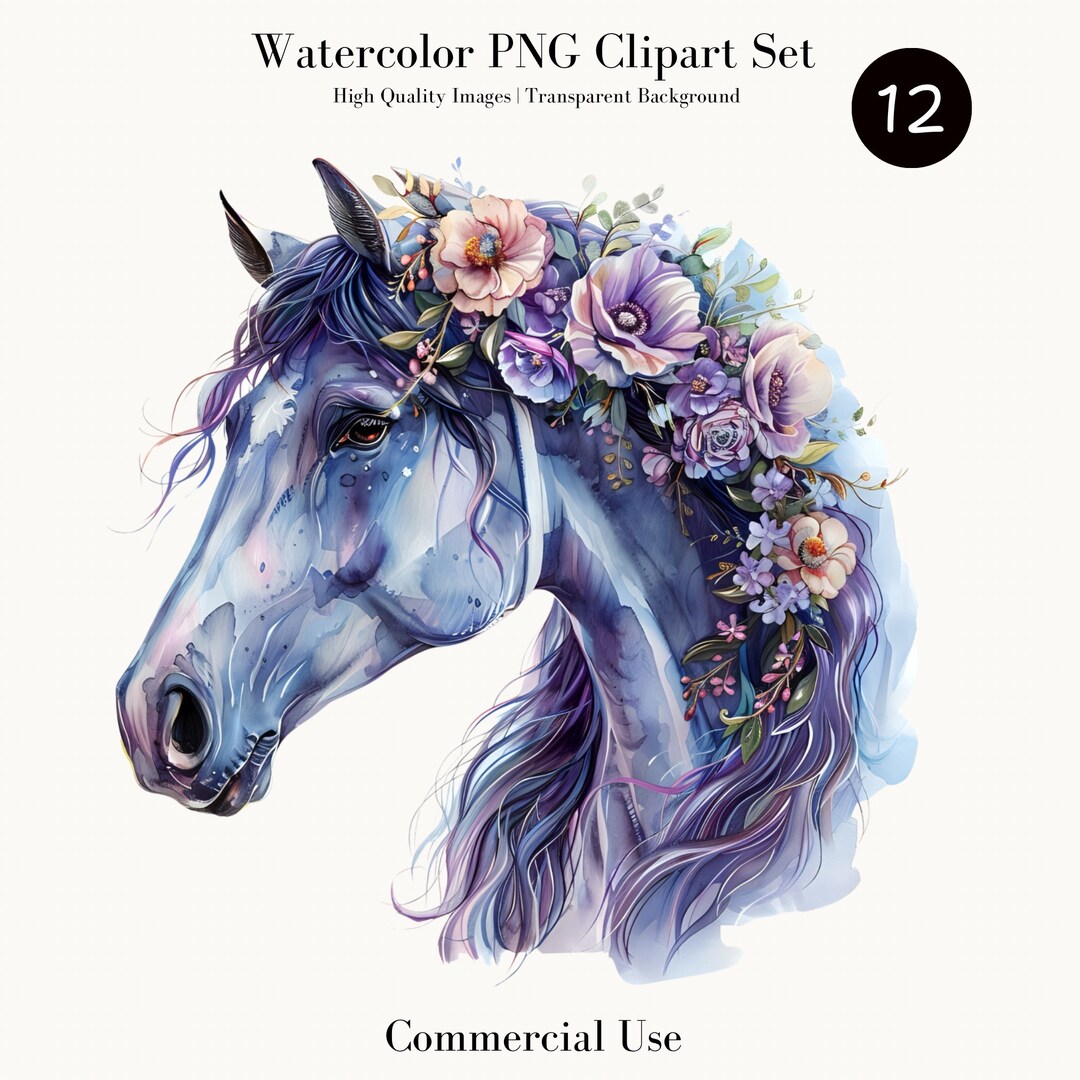 Watercolor Horse Clipart Set, Floral Equine Digital Art, PNG ...