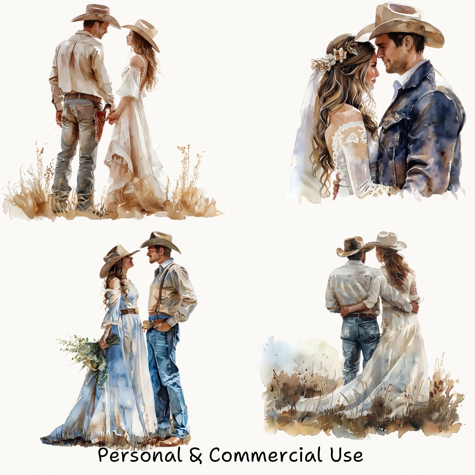 Western Bride and Groom Clipart, Texas Wedding Watercolor, Rustic ...