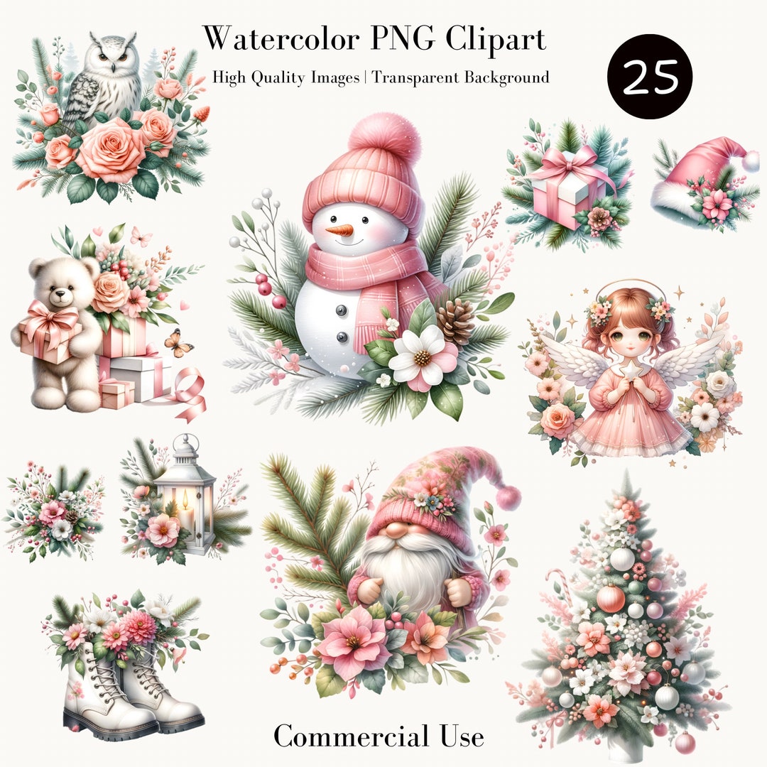 Watercolor My Pink Christmas Clipart – Snowman Santa PNG, Holiday ...