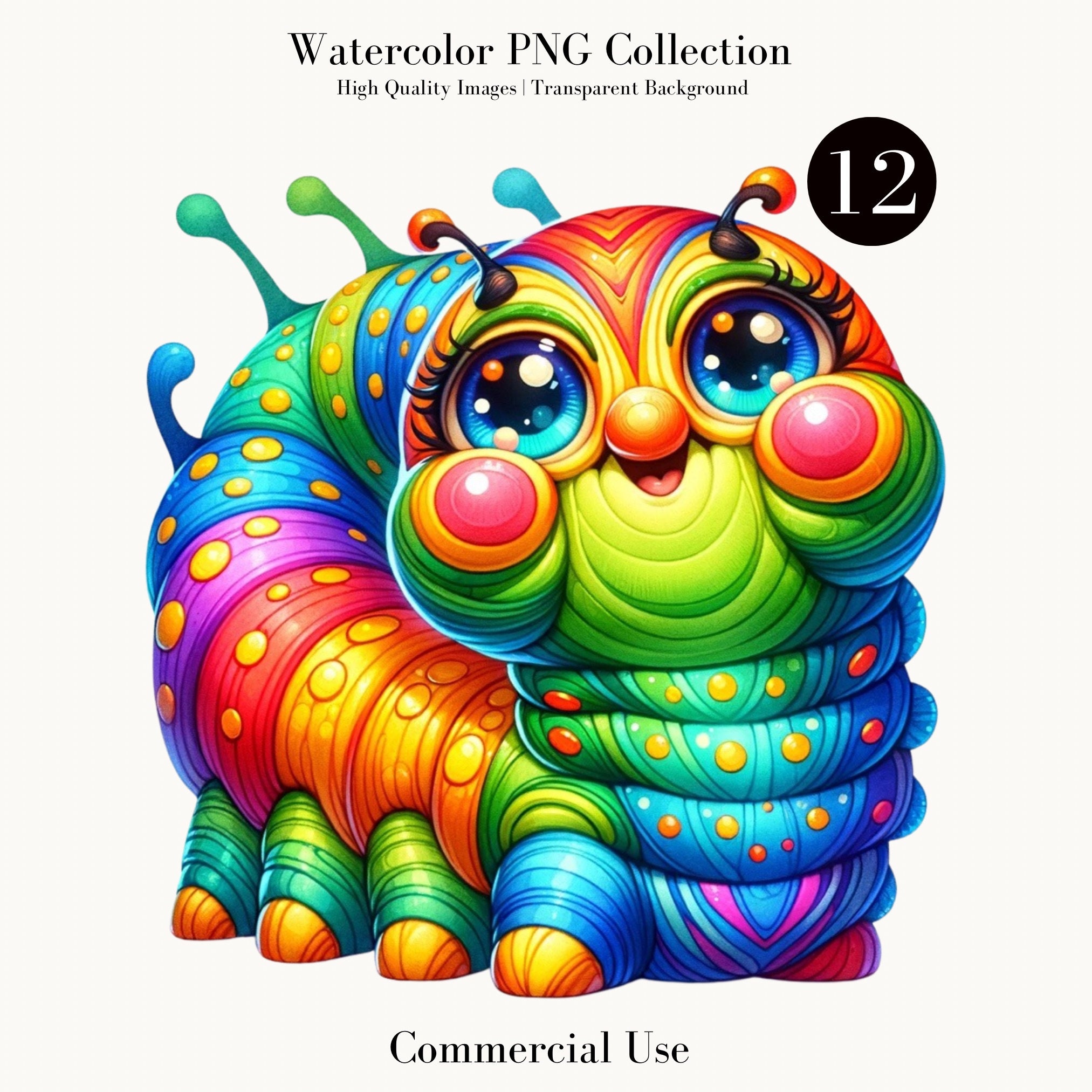 Colorful Watercolor Caterpillar PNG, Whimsical Insect Digital Download ...