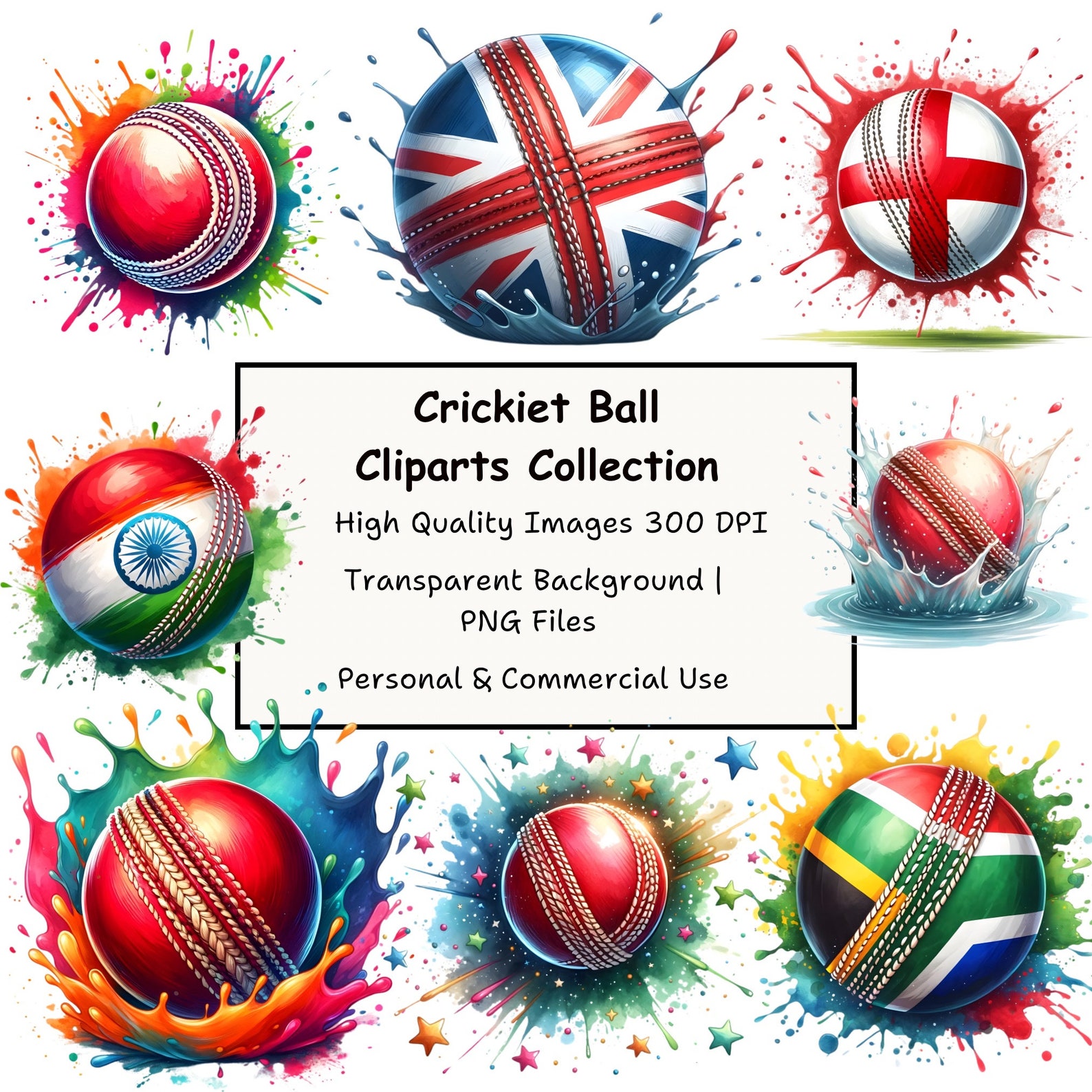 Colorful Cricket Ball Cliparts, Vibrant Watercolor Sports Illustrations ...