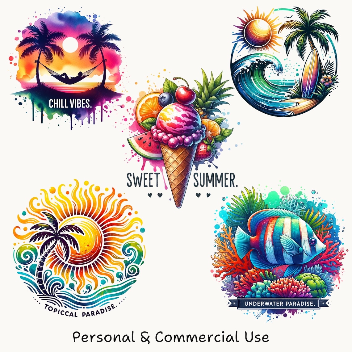 Summer Vibes Watercolor PNG Clipart – Summer Ice Cream Beach Clip Art ...