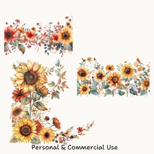 Watercolor Fall Sunflower Clipart Set, Autumn Floral PNG, Commercial ...