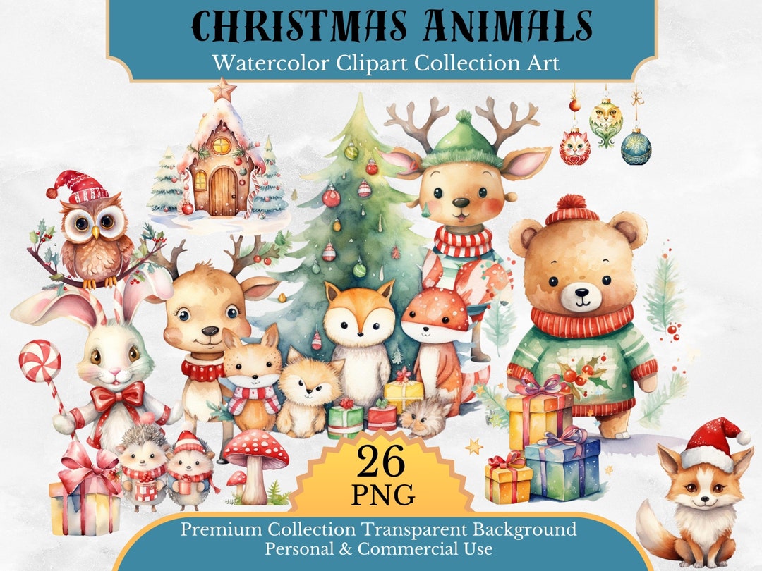 Woodland Christmas Clipart, Watercolor Winter, Cute Forest Animal ...