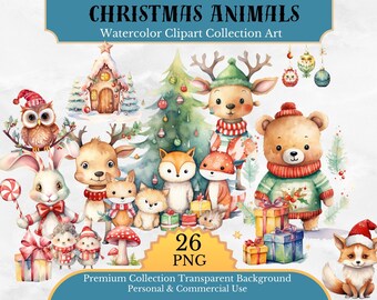 Woodland Christmas Clipart, Watercolor Winter, Cute Forest Animal ...