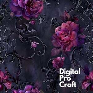 Baroque Purple Rose Digital Paper Set of 16 , Seamless Dark Floral ...