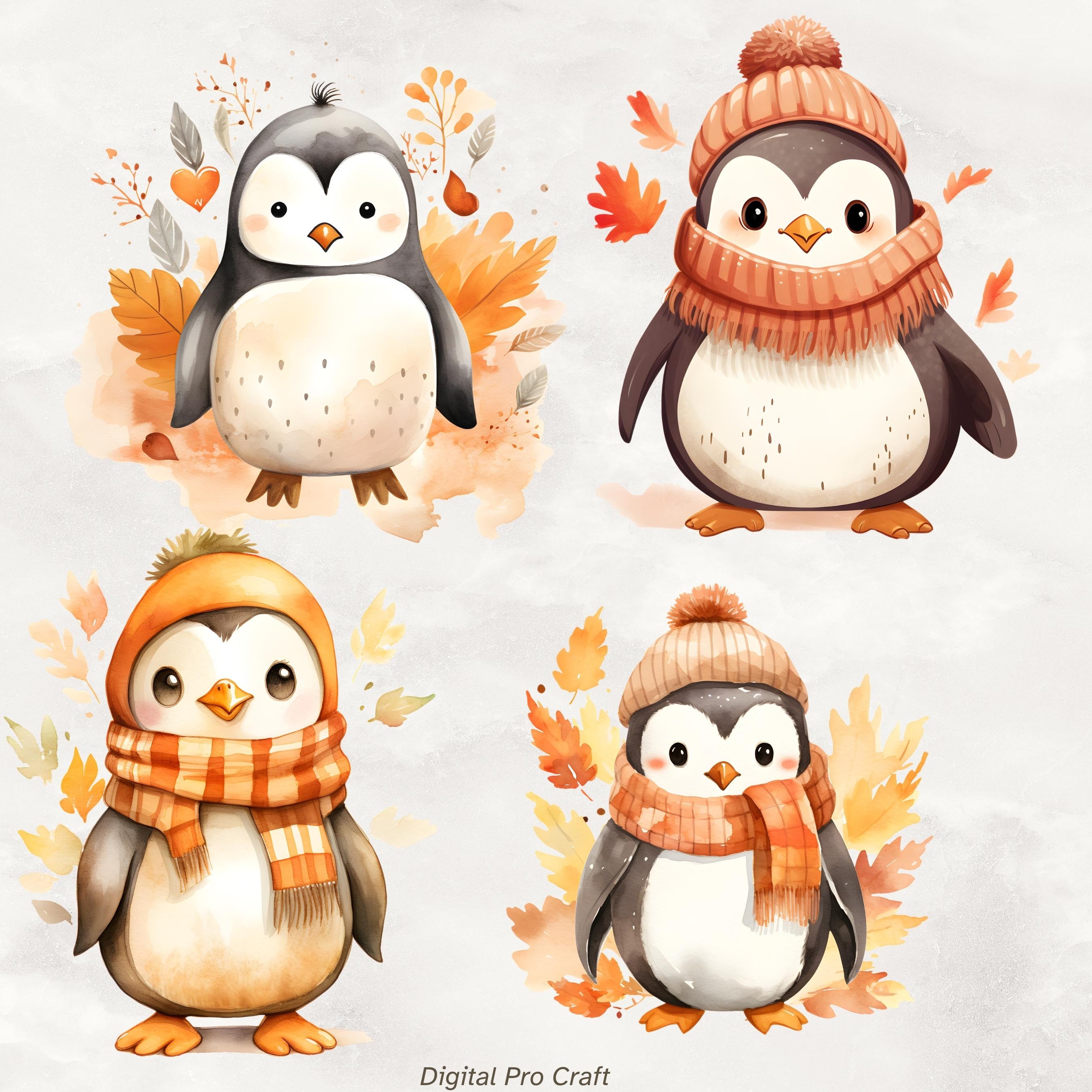 Autumn Cute Penguin Watercolor Clipart Fall Animal Clipart - Etsy