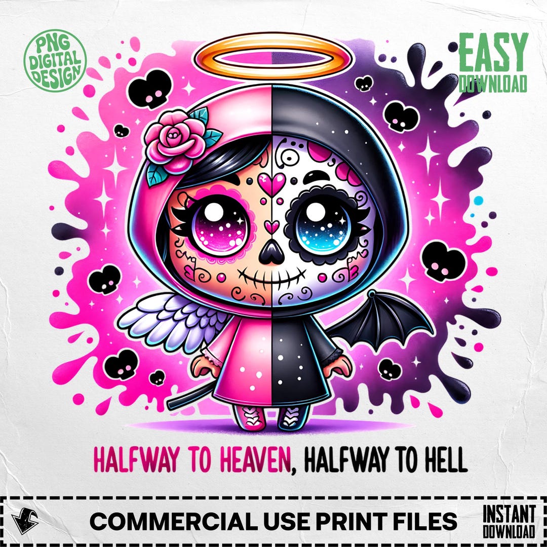 Halfway Heaven Hell Clipart, Angel Devil PNG, Kawaii Sugar Skull Girl ...