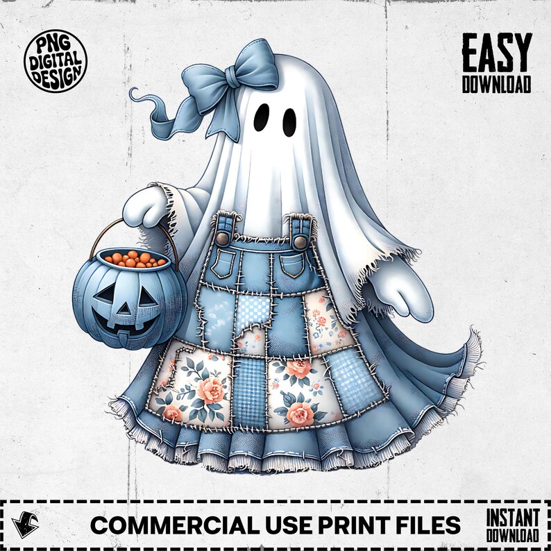 Retro Denim Ghost Png, Spooky Season, Patchwork Ghost, Cute Boo Ghost ...