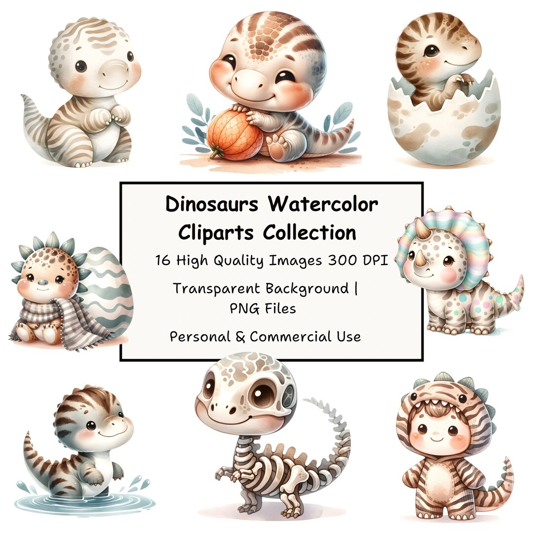Cute Watercolor Dinosaurs Clipart Set, Kids Dino Illustrations, Nursery ...