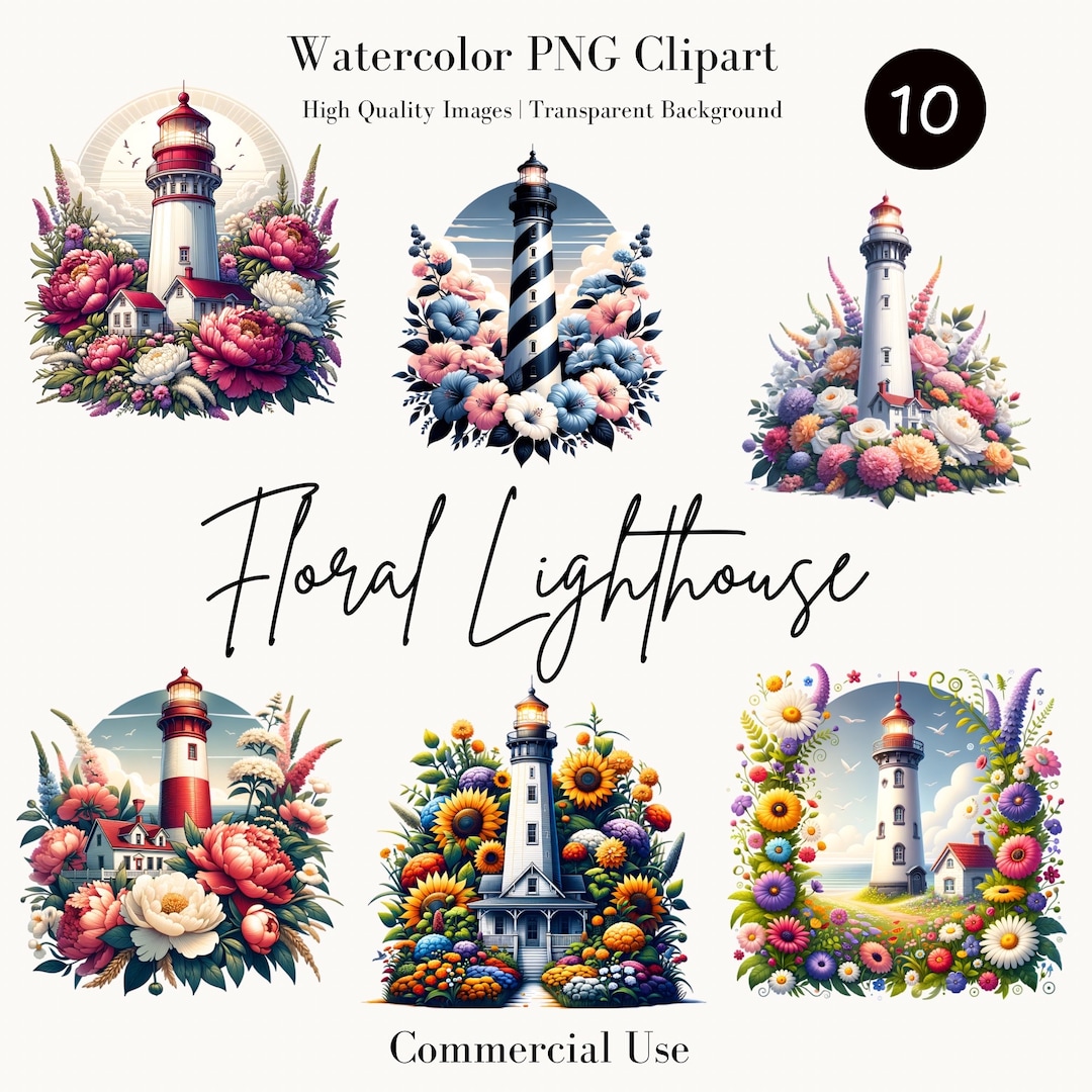Floral Lighthouse Clipart Bundle – Nautical Graphics, Floral PNG ...