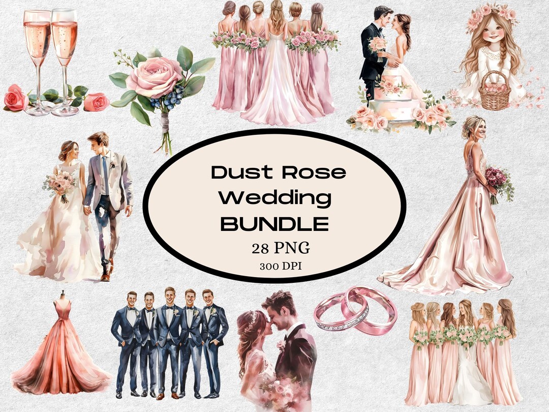 Dusty Rose Wedding Clipart Bundle, Pink Floral Bridal Party PNG ...