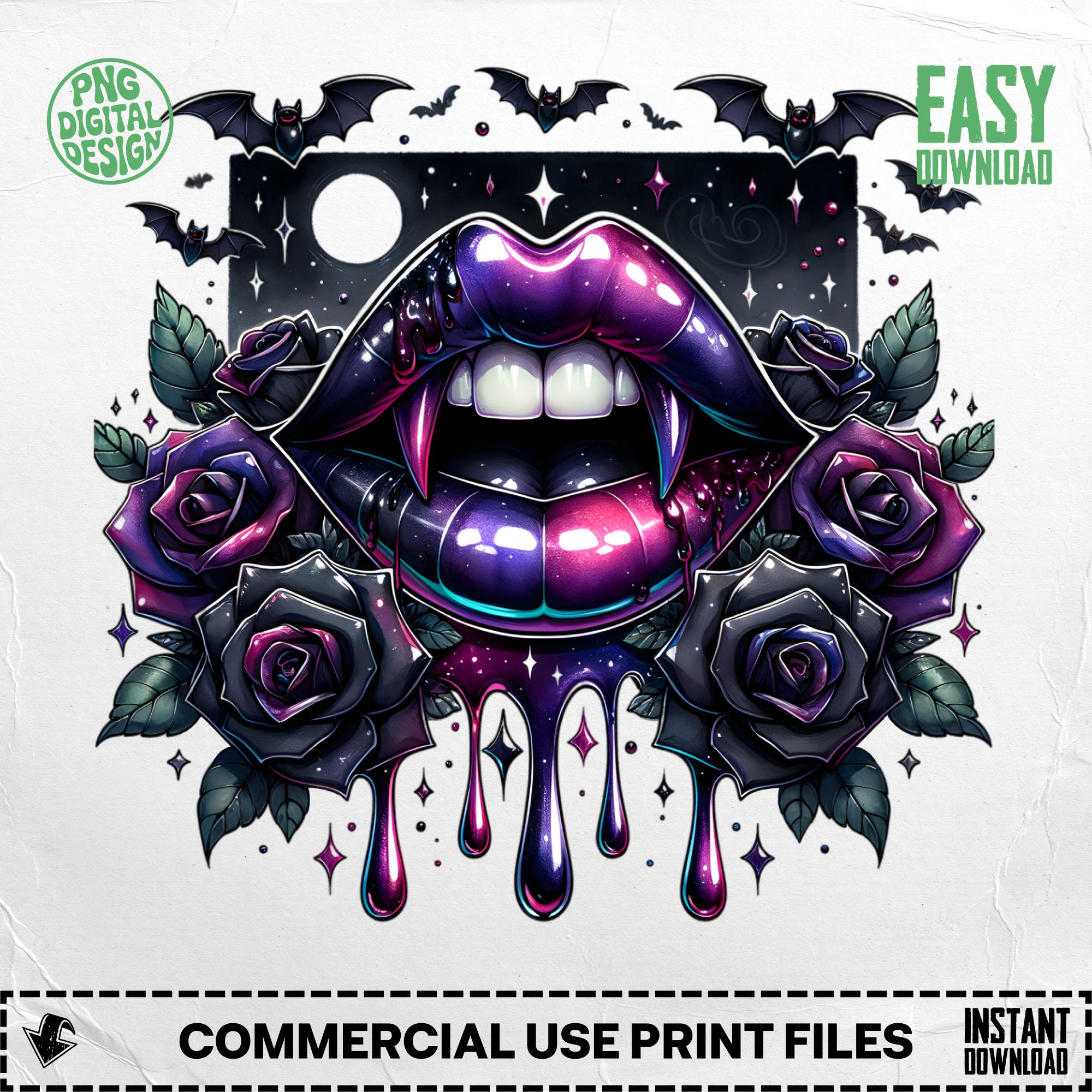 Vampire Lips Clipart, Gothic Horror PNG, Dark Roses Art, Bats Digital ...
