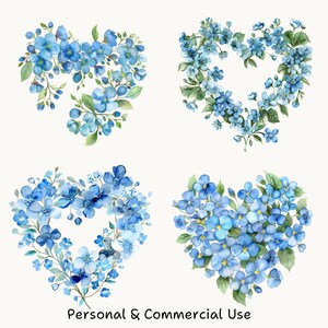 16 Blue Floral Heart Clipart, Cherry & Forget Me Not Pngs, Watercolor ...