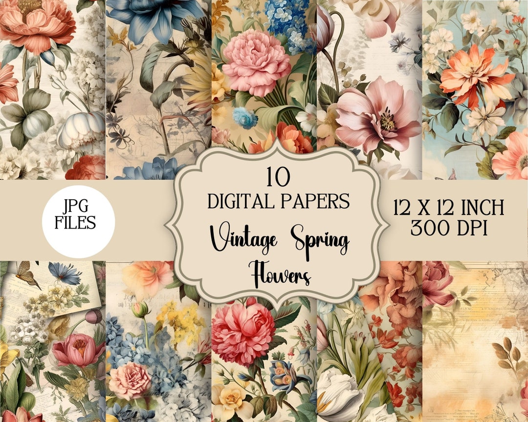 Antique Vintage Spring Flowers Floral Digital Paper Seamless Repeating ...