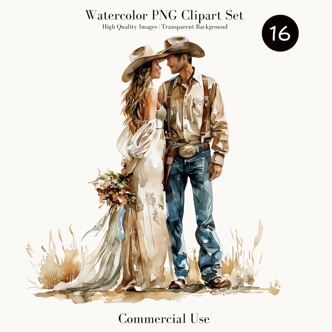 Western Bride and Groom Clipart, Texas Wedding Watercolor, Rustic ...