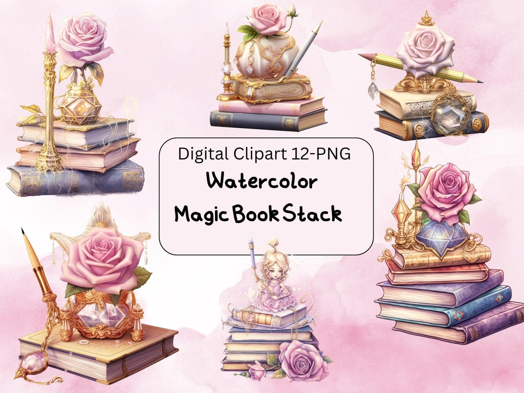 Enchanting Watercolor Magic Book Stack Clipart:bookcase,png Digital ...