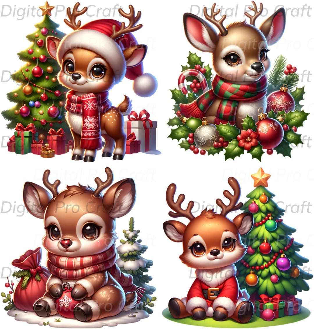 Cute Reindeer PNG Clipart Set, Christmas Deer, Watercolor Santa ...