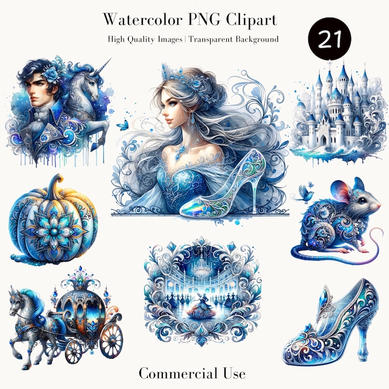 Watercolor Cinderella PNG Clipart Bundle – Party Watercolor Cinderella ...