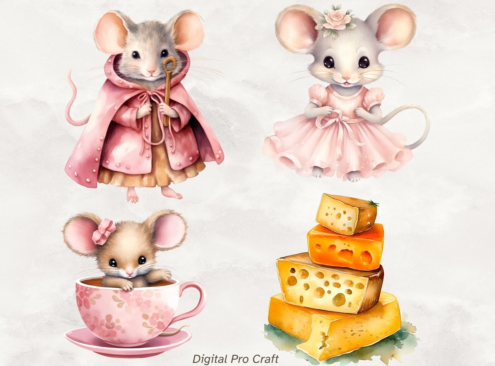 Watercolor Little Pink Mouse Clipart - Fairytale Mice 12 PNG Digital ...
