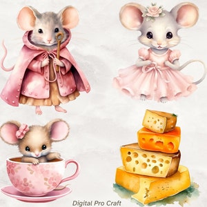 Watercolor Little Pink Mouse Clipart - Fairytale Mice 12 PNG Digital ...